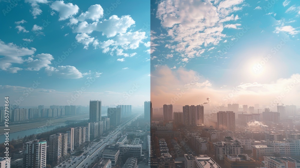 A visual comparison between clean air and polluted air, with clear blue ...
