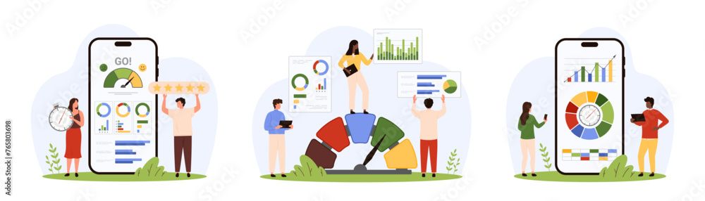 Data chart analysis on dashboard of mobile app set. Tiny people control ...