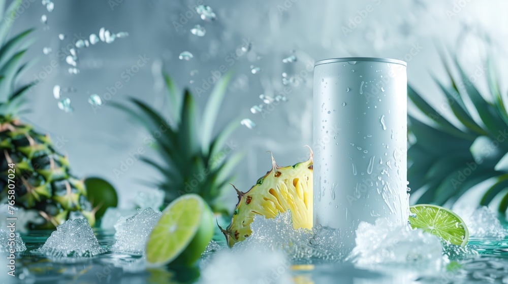 Aluminum cans without logos with ice, pineapple and lime splashes ...