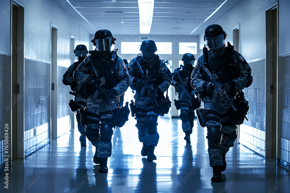 SWAT team members with guns in classroom to Protect and Serve to train ...