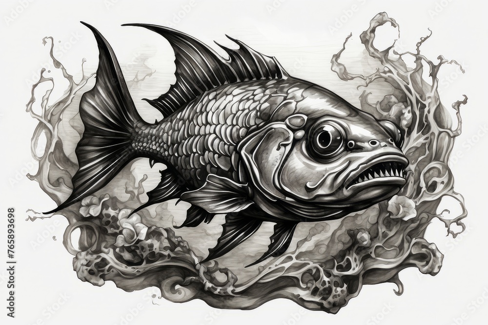 monster fish and sea tattoo design, clipart, illustration, Stock ...