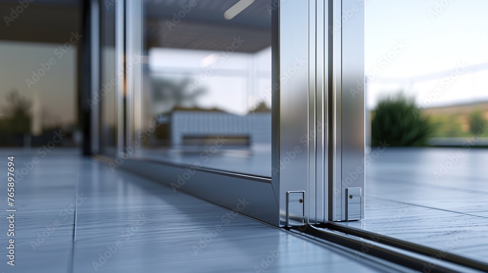 A UHD close-up of a minimalist sliding glass door mechanism, its smooth ...