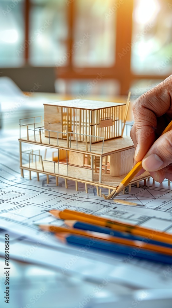 Architect's hand sketching and crafting a modern house model on ...