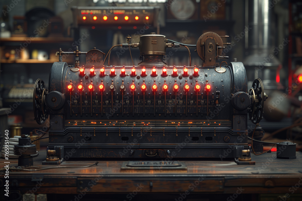 A telegraph machine transmitting messages through wires, representing ...