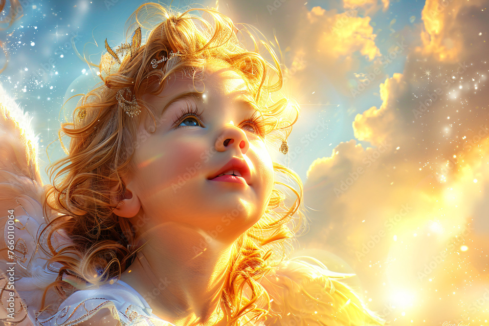Happy little baby angel flying in sky. Angelic boy with wings. Fairy ...