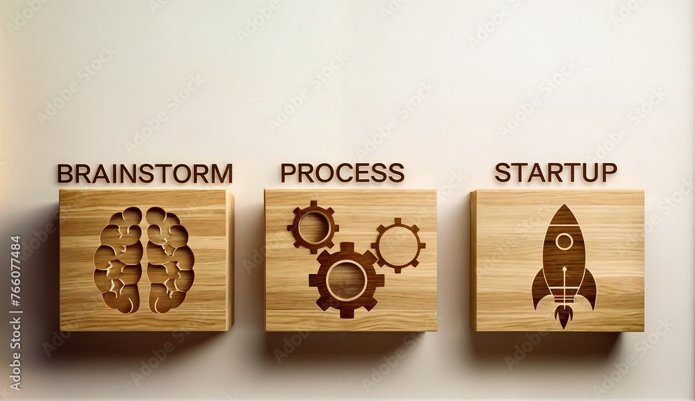 Three wooden blocks of Brainstorm, Process and Startup, having ...