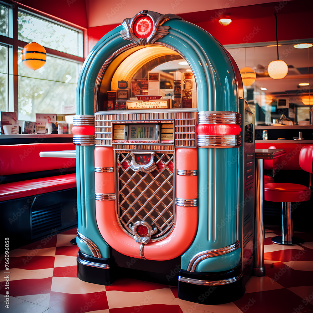 Vintage jukebox in a retro diner. Stock Illustration | Adobe Stock