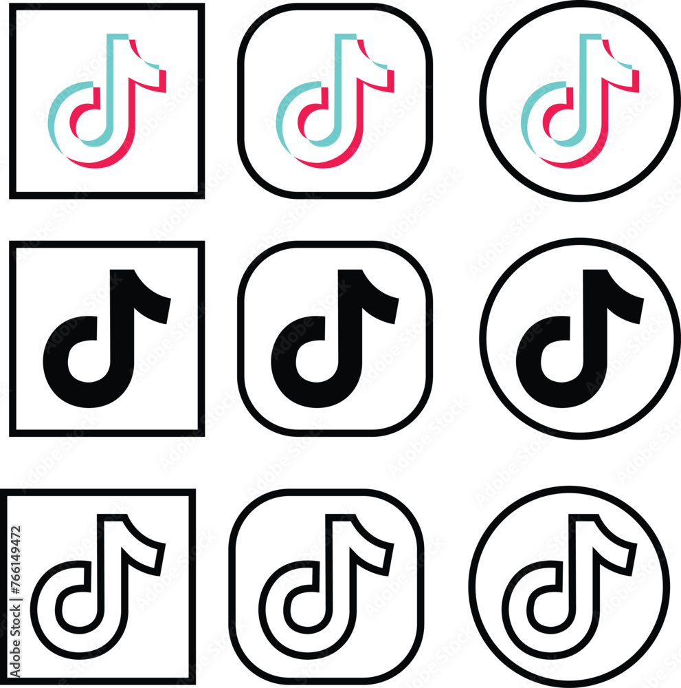 Tik Tok icon set. Social media logos. Black collection in flat trendy ...