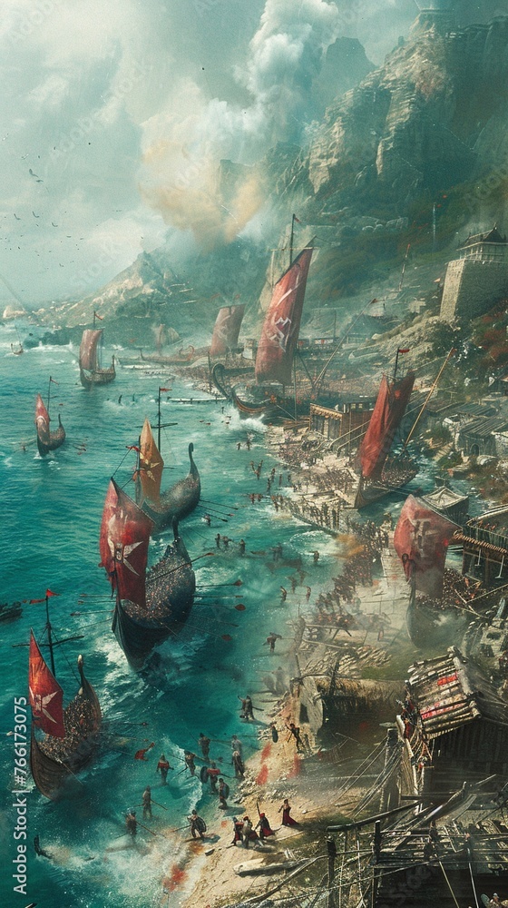 Design a dynamic and dramatic scene of a Viking raid seen from above ...