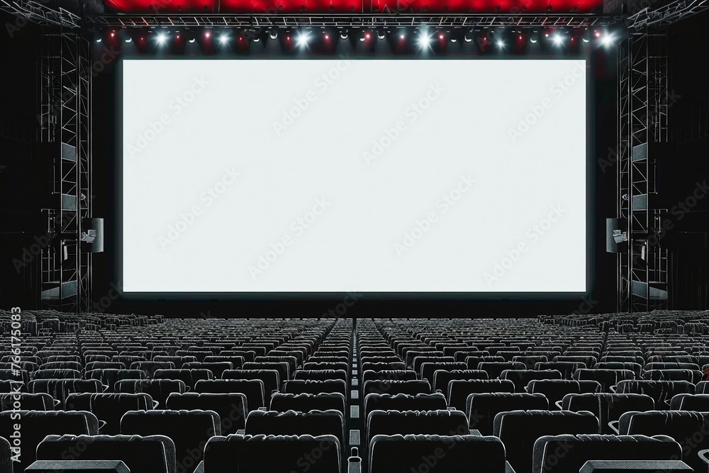 Cinema hall with auditorium watching movie on blank screen mockup ...