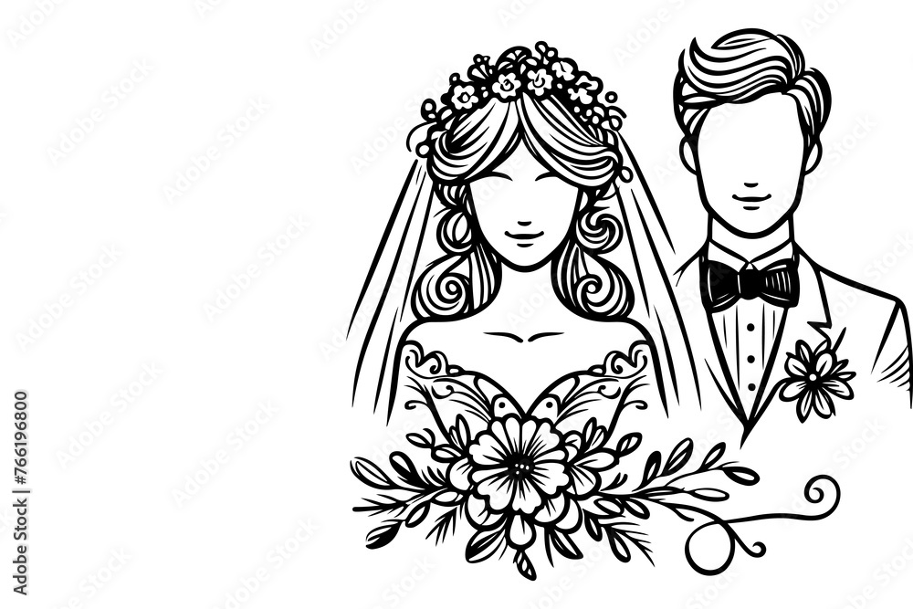 One continuous single drawing black line art doodle wedding couple ...