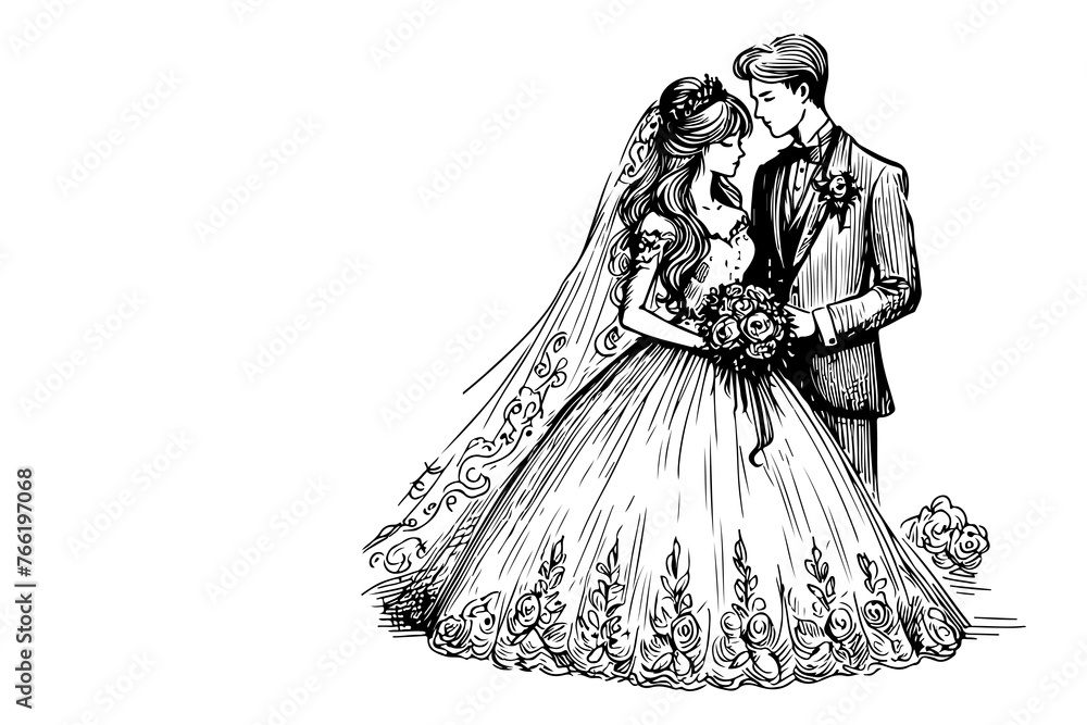 One continuous single drawing black line art doodle wedding couple ...