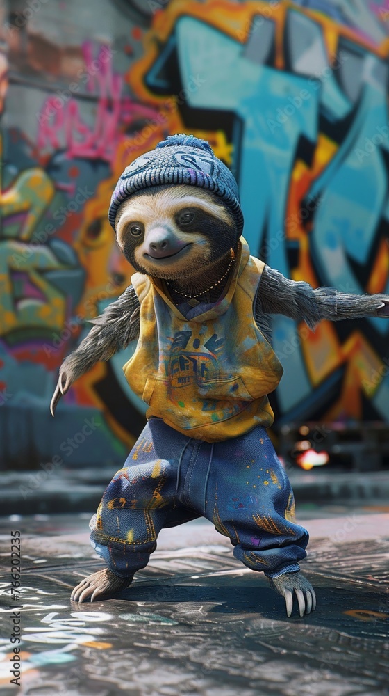 An animated sloth wearing baggy pants and a beanie, performing a hip ...