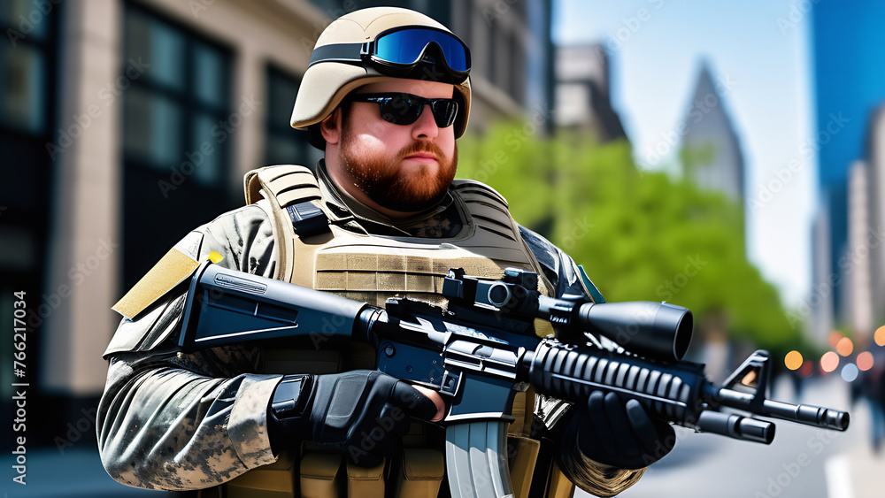 A very fat man in a military uniform with a machine gun and in full ...