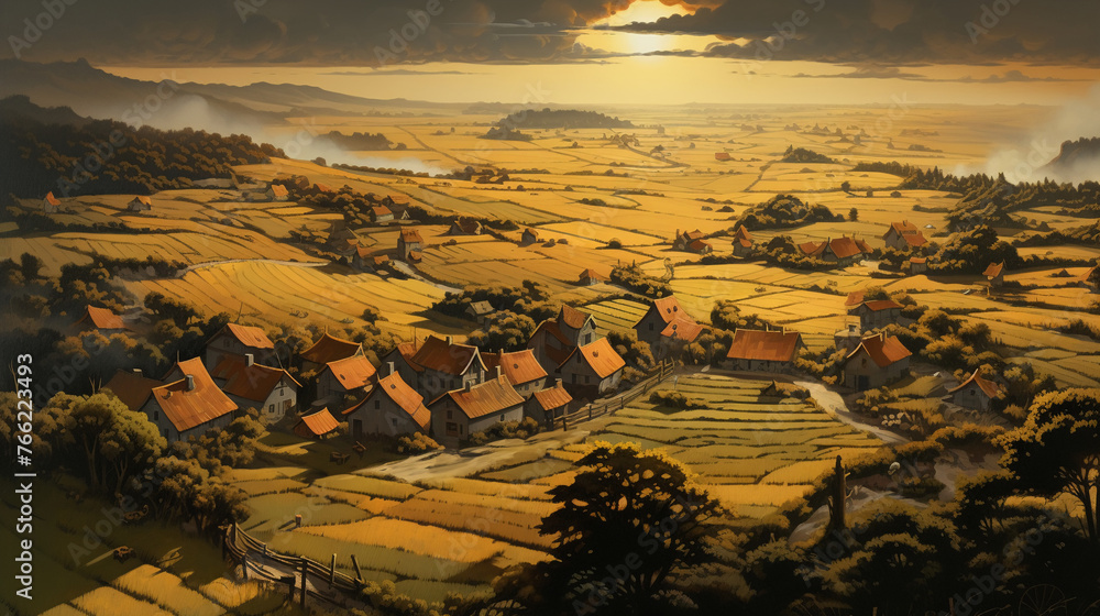 Rural village life without screens birdseye sepiatoned sunset , unique ...