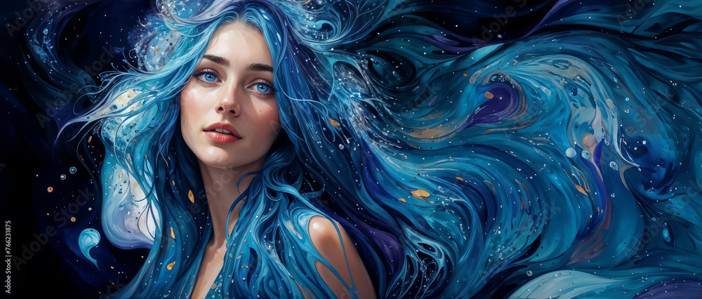 Mythical siren princess with blue eyes and alluring ethereal grace ...