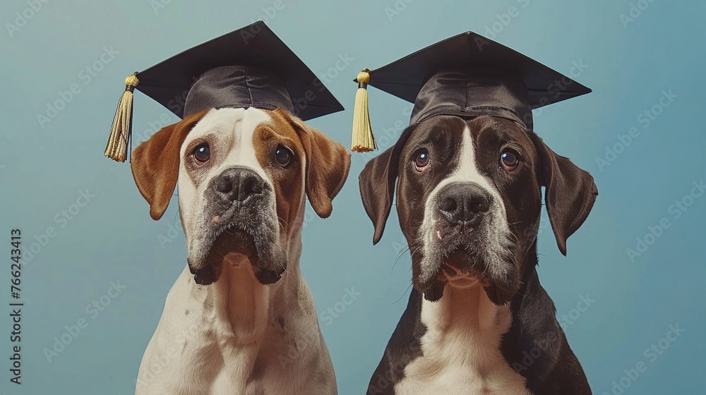 Whimsical pet graduation ceremony, dogs in caps and gowns, in a closeup ...