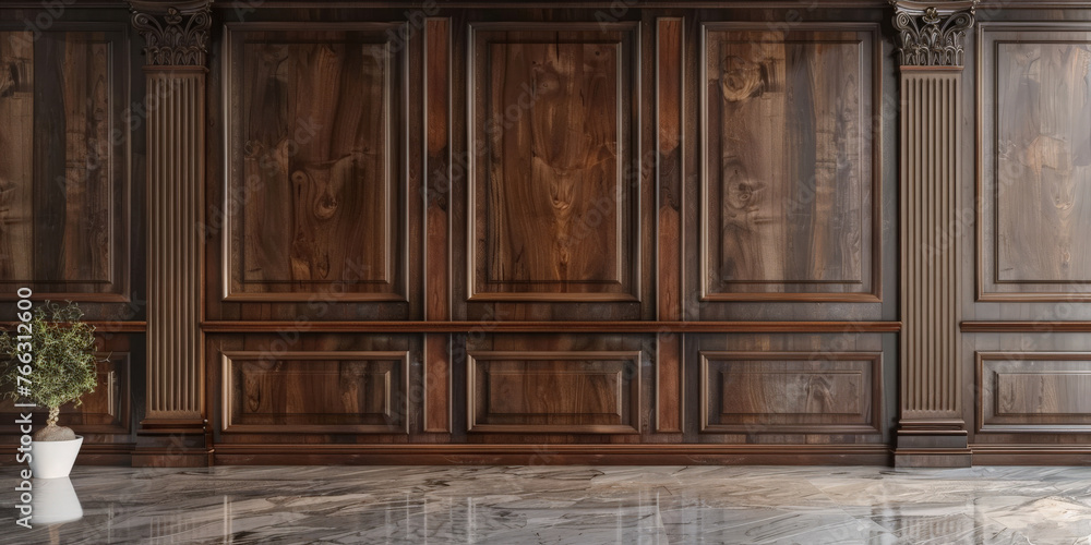 Illustration Stock empty room with brown natural wood wall panels ...