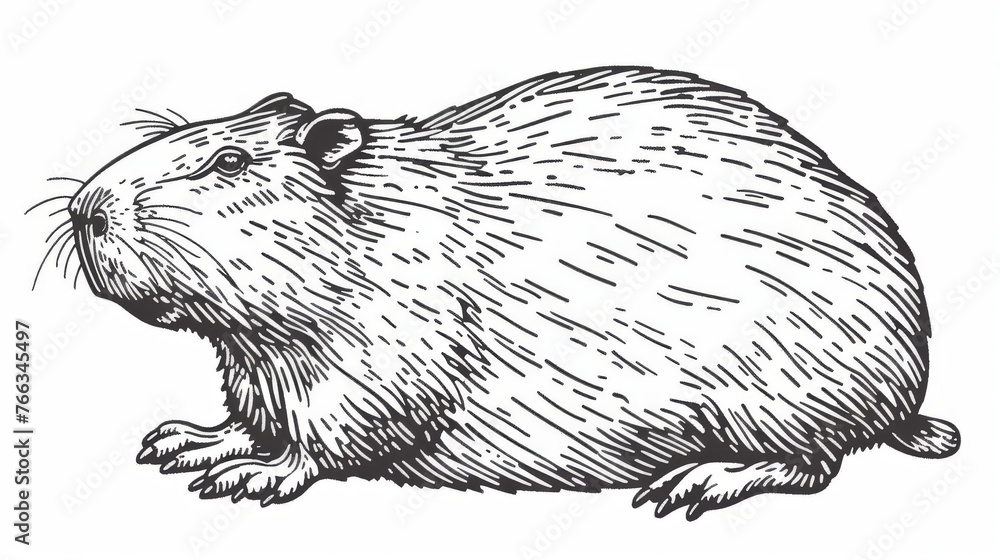 Black-and-white illustration depicts a capybara seated on hind legs ...