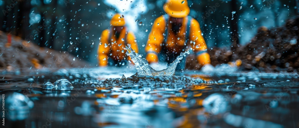 At a construction site, workers and construction engineers wear safety ...