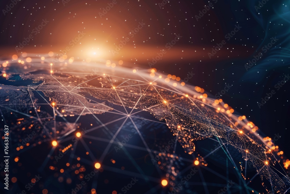 Illuminated Network Grid over the Globe at Twilight, A glowing network ...