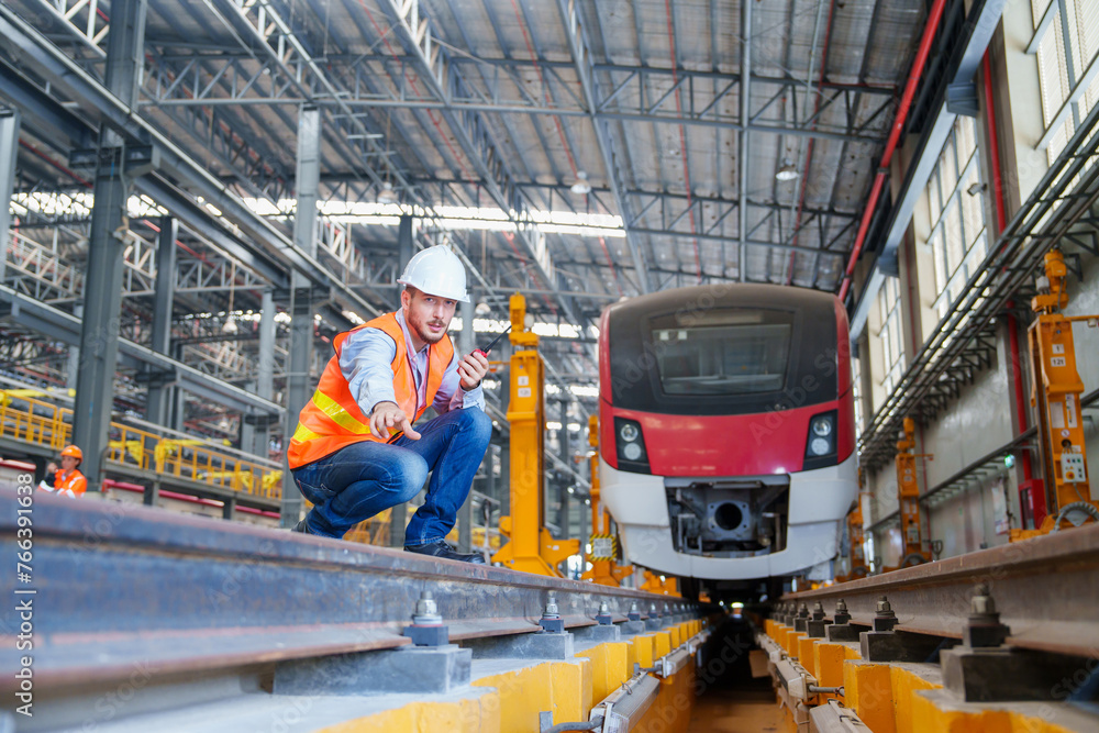 Stock-Foto „Electrical engineer railway in the maintenance station checking process of sky ...