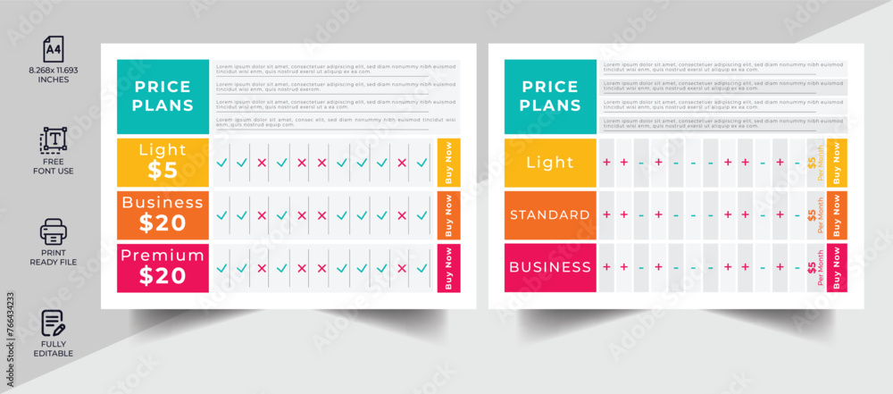 Table price template. Vector. Comparison plan chart. Set pricing data ...