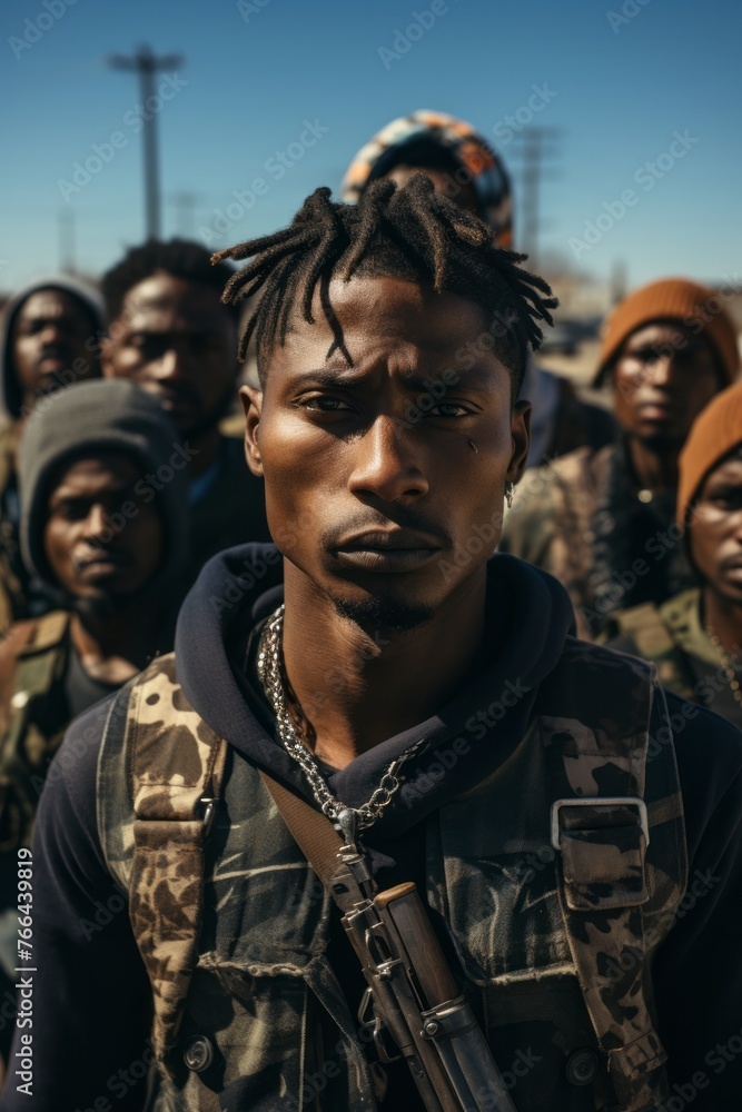 Gang members engaging in a turf war, armed with weapons and fueled by a ...