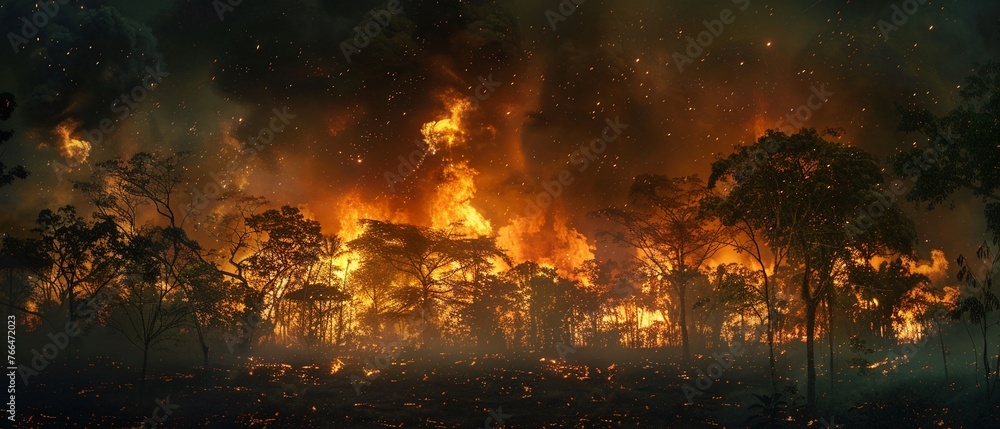 A devastating nighttime fire sweeps through the Amazon rainforest Stock ...