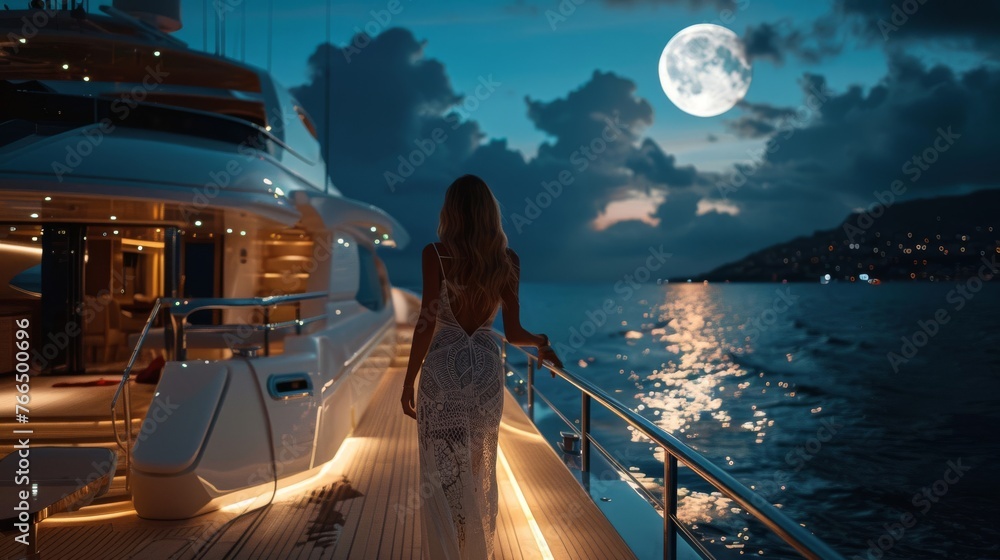 A wealthy socialite attending a glamorous yacht party, dancing the ...