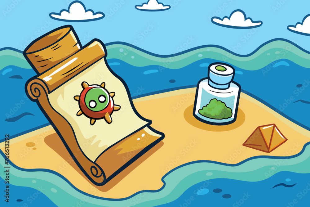 Parchment in bottle. Pirate message, letter hope or secret treasure map ...