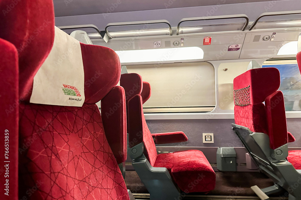 Comfy seats inside the first class cabin of Al Boraq high speed train ...