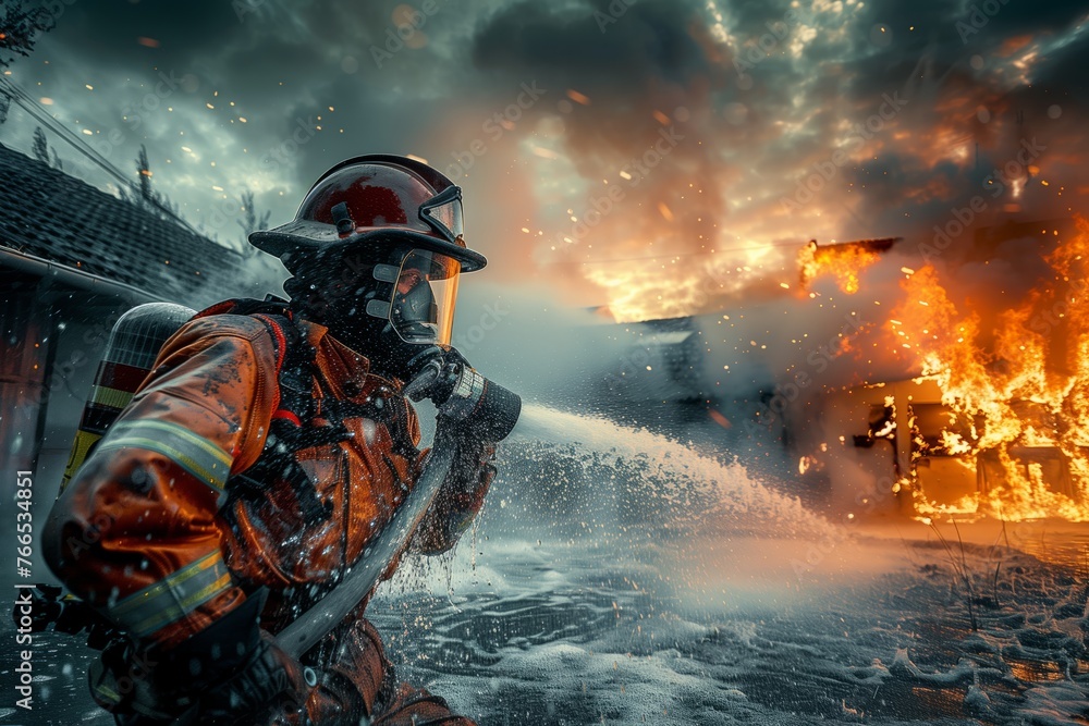 Firefighter extinguishing a fire in a burning house using a water foam ...