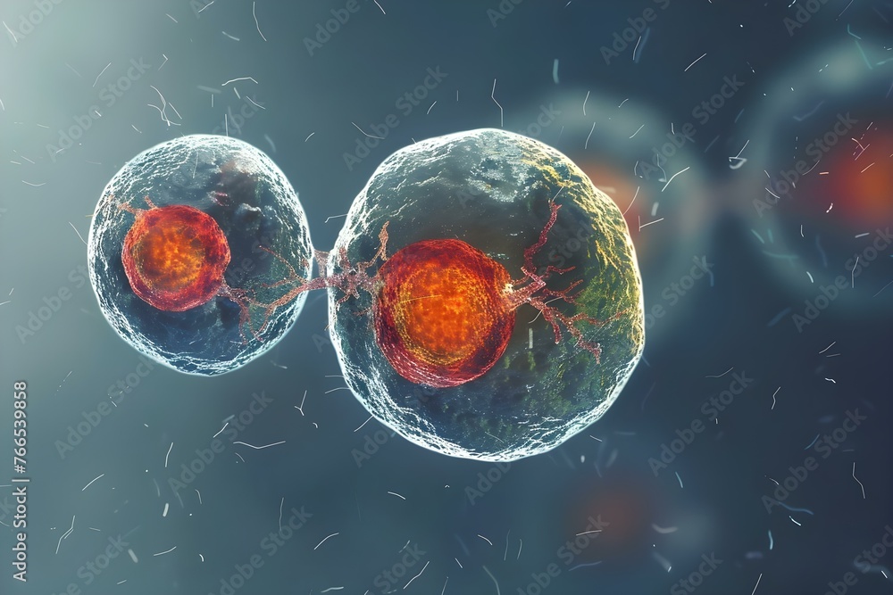 Cellular mitosis single cell divides into two identical daughter cells ...