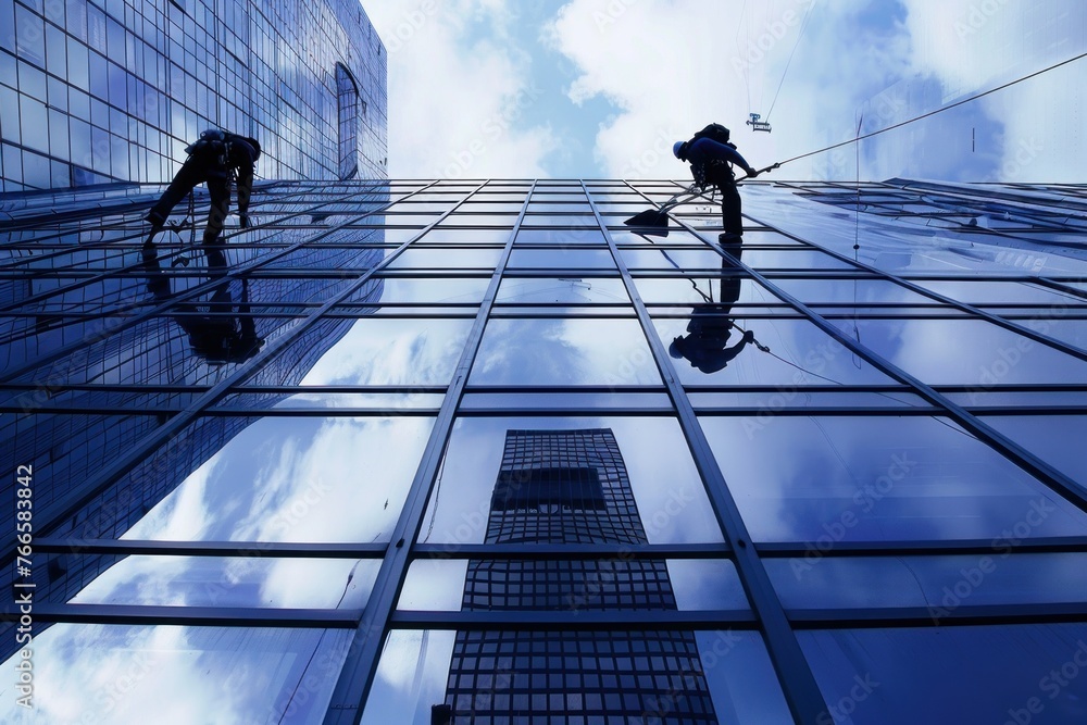 Two workers cleaning the glass facade of an office building.The sky is ...