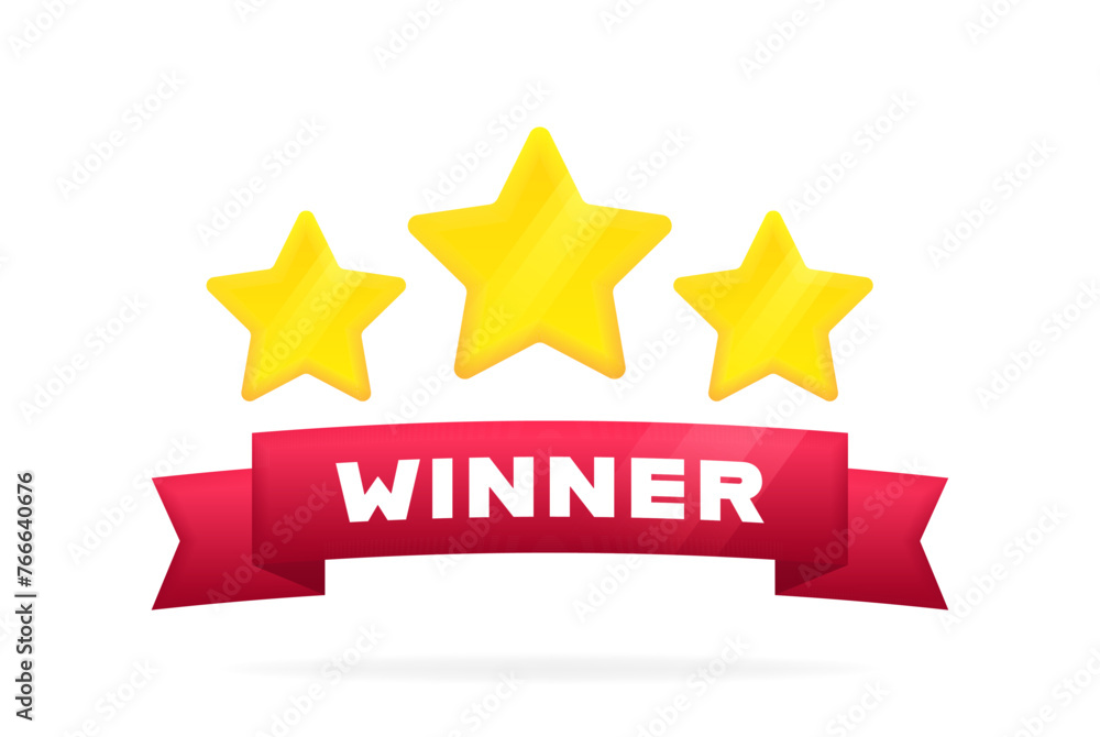 Winner badge with red ribbon and stars. 1st place on competition or ...