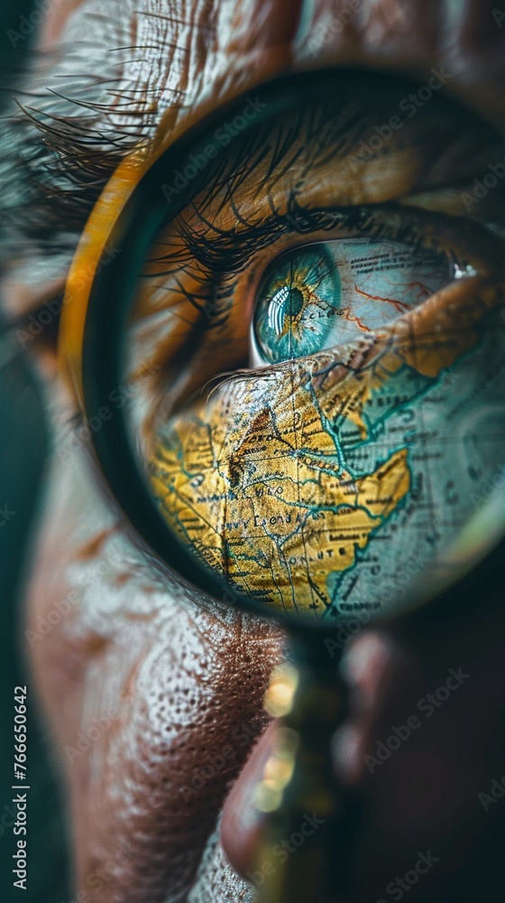 Craft an image showcasing the intense focus of a human eye peering ...