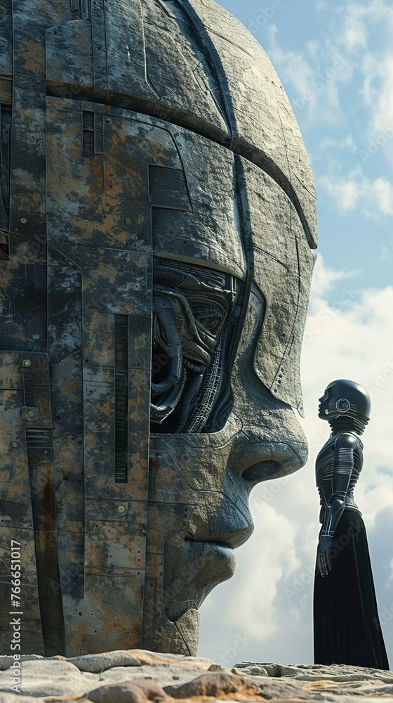 Illustrate a thought-provoking scene where a humanoid figure gazes in ...