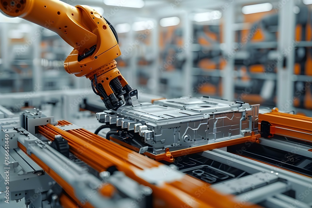 Photo Stock Robotic arm assembling EV battery at green energy giga ...