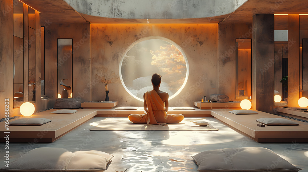 Femme méditation, environnement zen dans une maison épurée et spacieuse ...