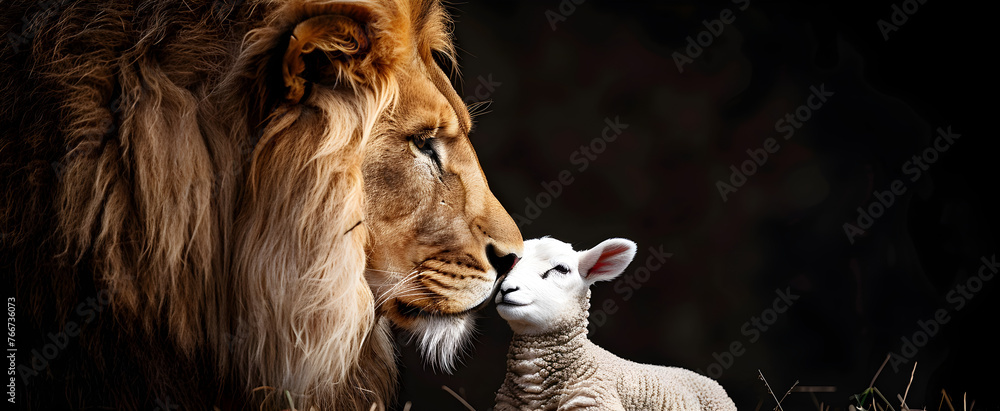 Profile of a lion and lamb isolated on a black background, representing ...
