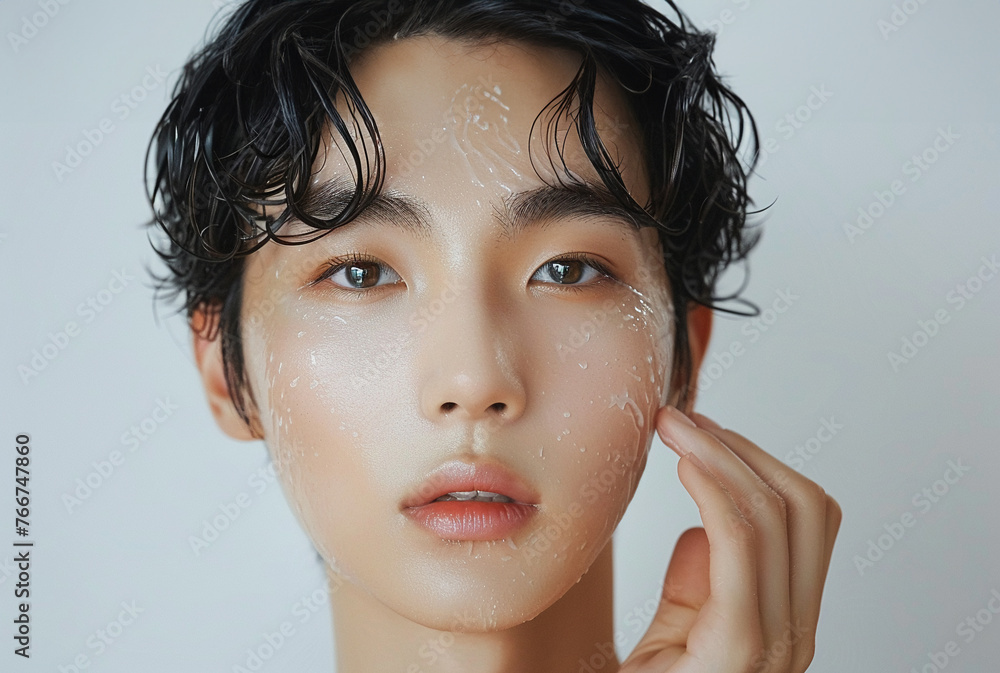 A snapshot of a Korean woman skincare model in Busan his fingers gently ...