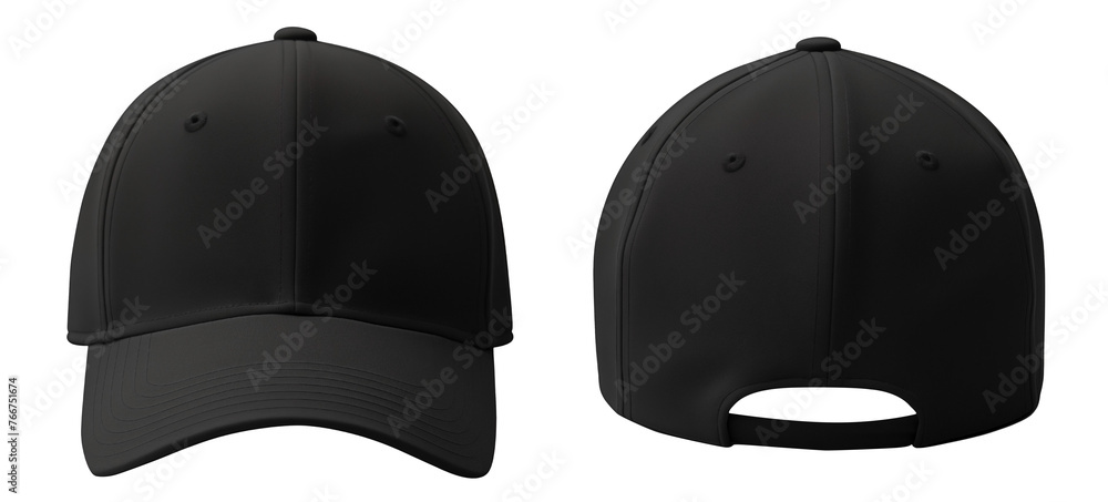 front and back view of a black baseball cap PNG mockup isolated on a ...
