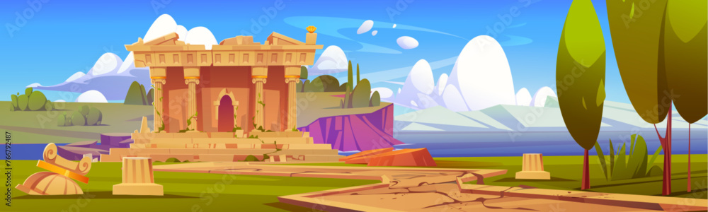 Destroyed ancient greek temple on summer landscape. Vector cartoon ...