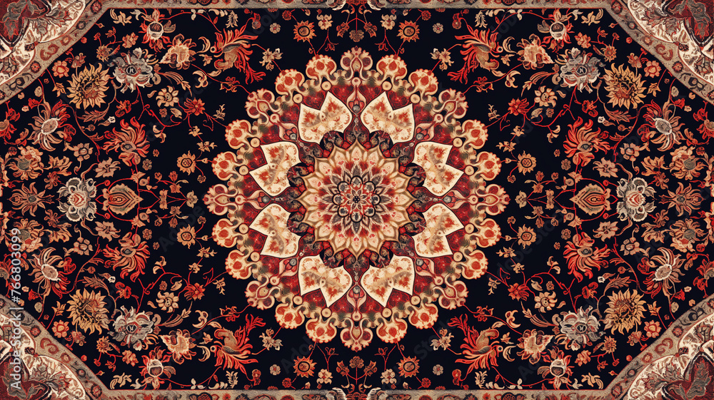Persian carpet texture with round mandala pattern, Traditional Middle ...