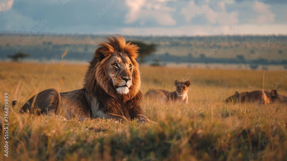 alpha lion watching over the lionesses ready for the hunt in the jungle ...