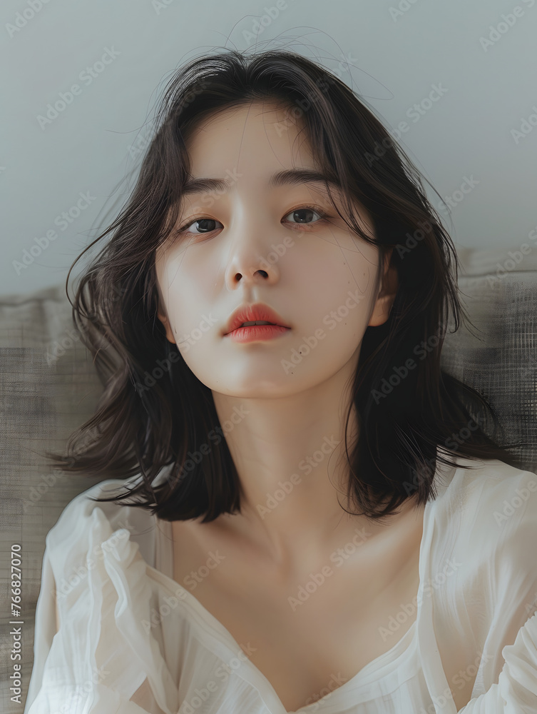 Korean girl with plump face, no makeup to highlight skin texture and ...