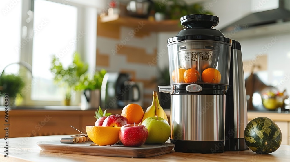 modern juicer in kitchen with fruits on table featuring healthy ...