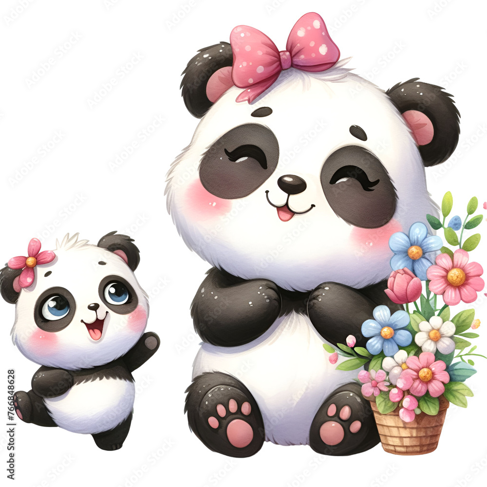 Watercolor Cute Happy Mother's Day Panda clipart Mom and Baby Graphics ...