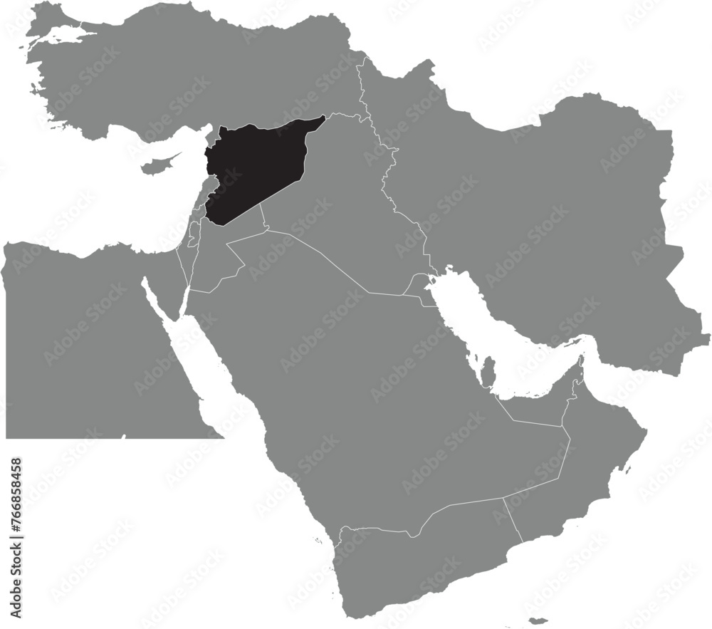 Black detailed CMYK blank political map of SYRIA with white national ...